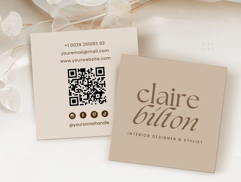 Square Business Card Template Canva With QR Code, Printable Double ...