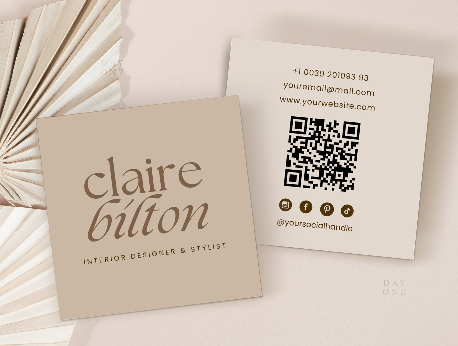 Square Business Card Template Canva With QR Code, Printable Double ...