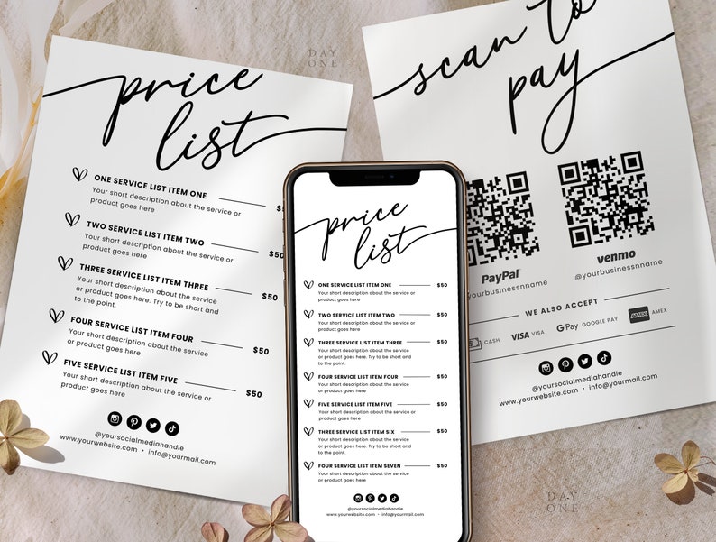 Editable Price List Template Canva, Bundle Price List Scan to Pay QR ...