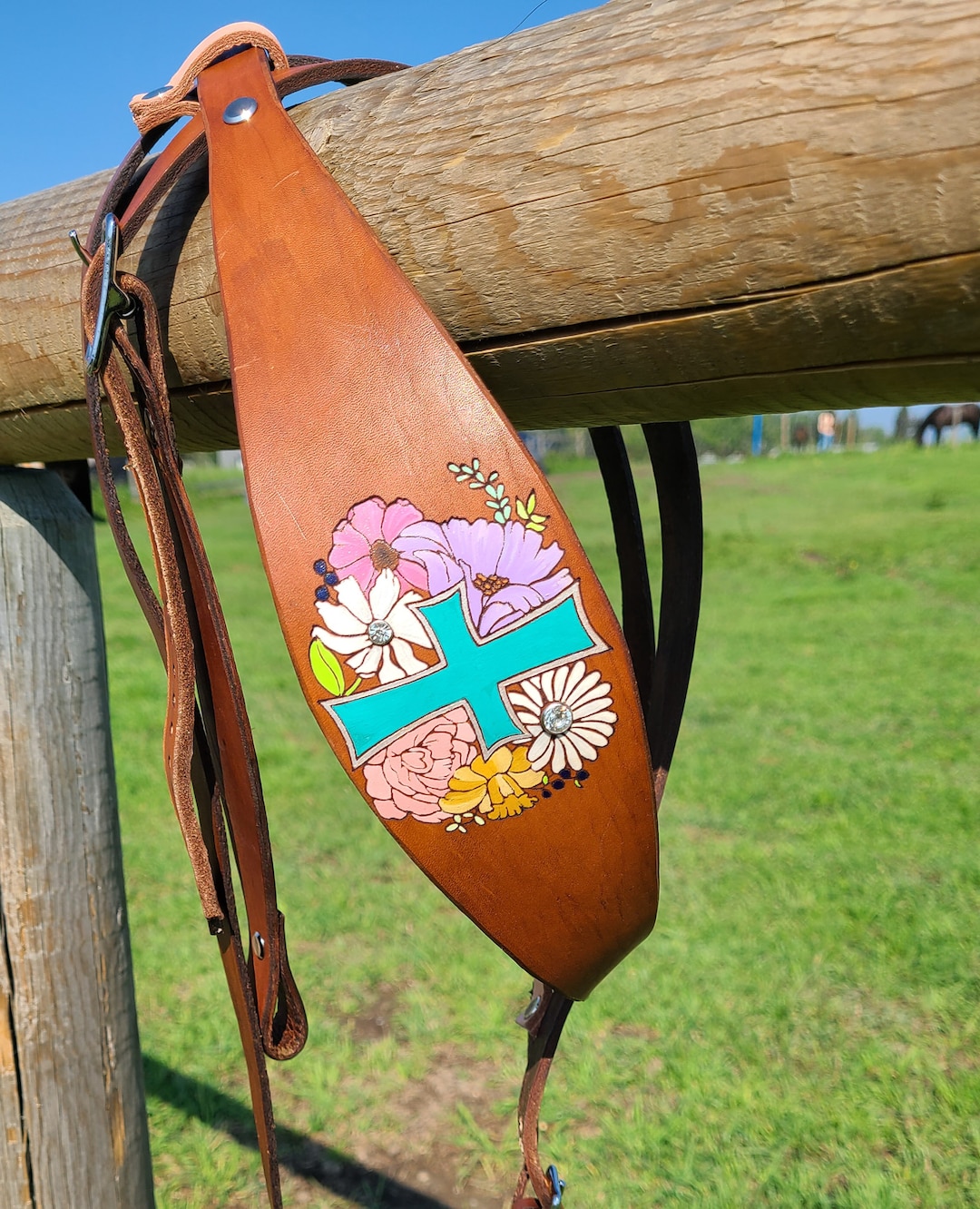 Leather Horse Headstall - Cross - Floral - Rhinestone - Custom ...