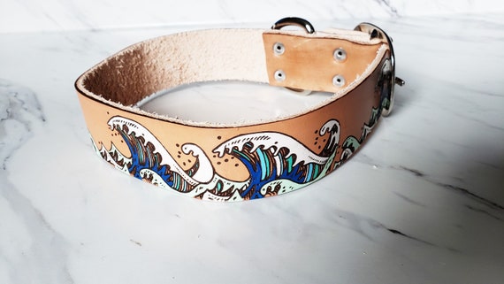 Nautical Leather Dog Collar Ocean Waves Custom | Etsy