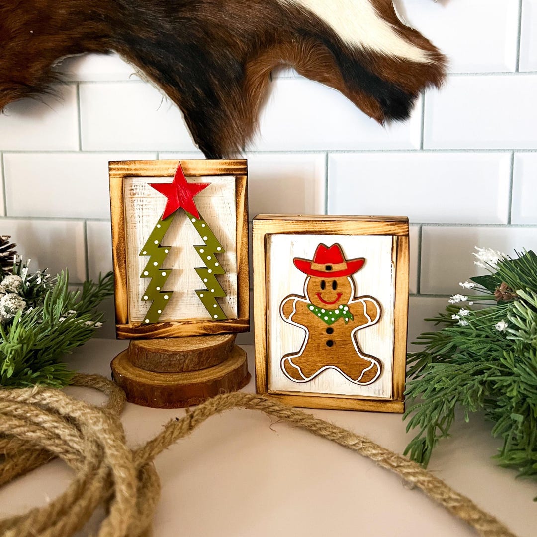 Solid Wood Cowboy Gingerbread Man and Christmas Tree Shelf Sitter Set ...