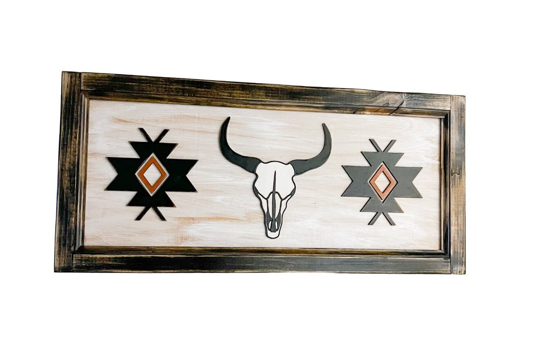Boho Chic Longhorn Skull Wall Decor, Framed Western Art for Living Room ...