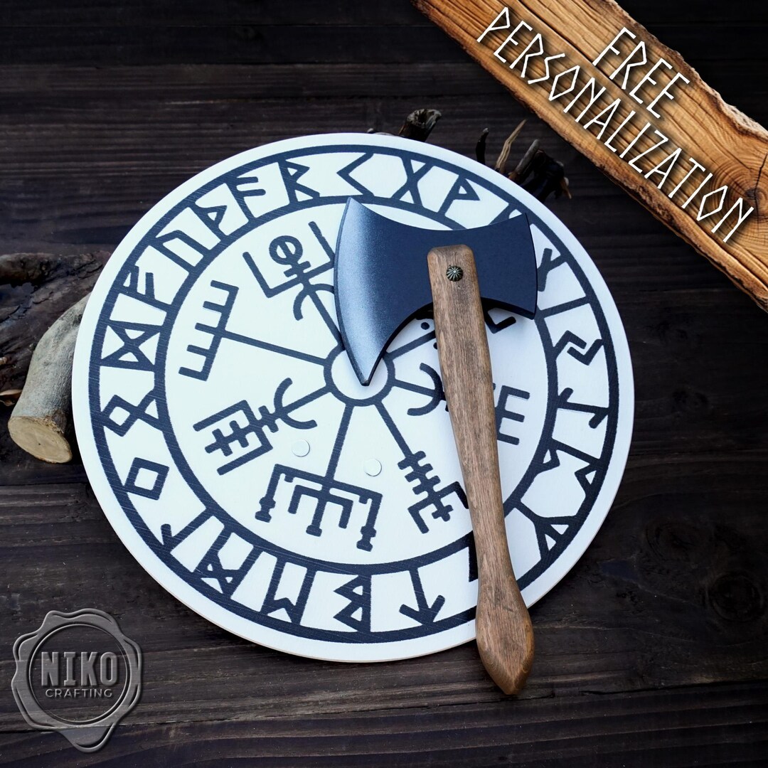 Handmade Wooden Viking Toy Axe and Vegvisir Shield Set: Personalized ...
