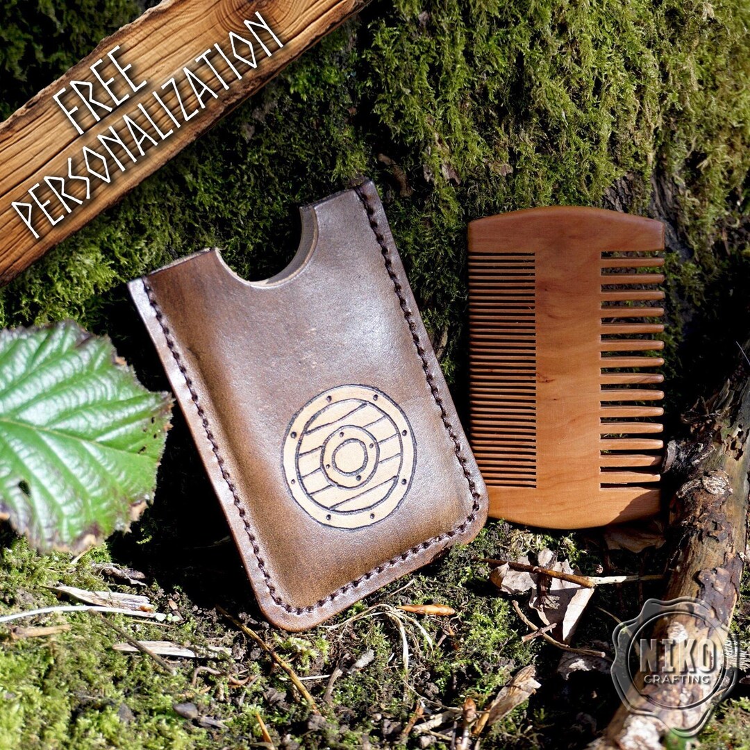 ᚠᛉᚢ Wooden Beard Comb With Viking Style Leather Sleeve | Viking Shield ...