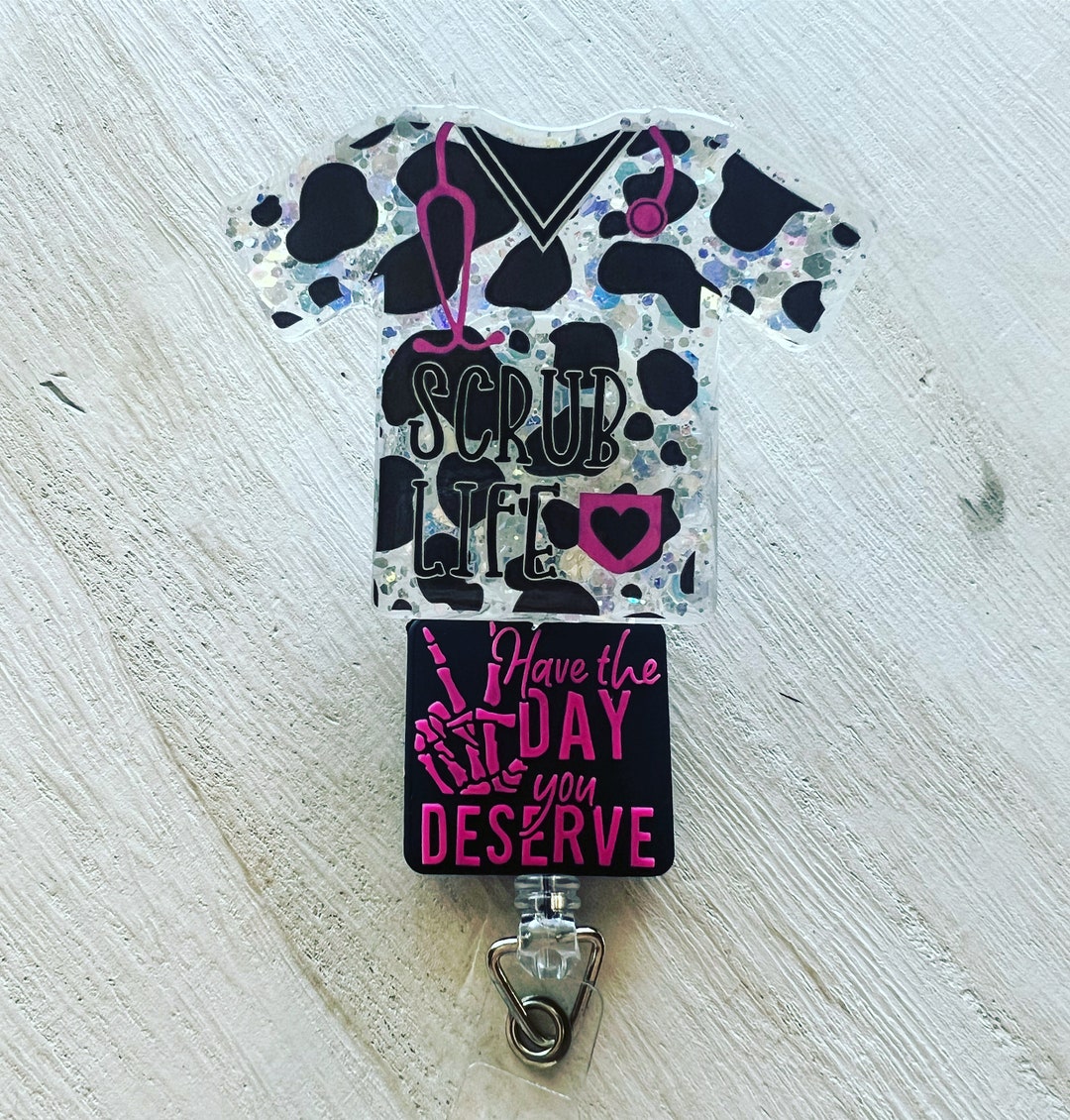 Cow Print Scrub Top Badge Reel Medical - Etsy