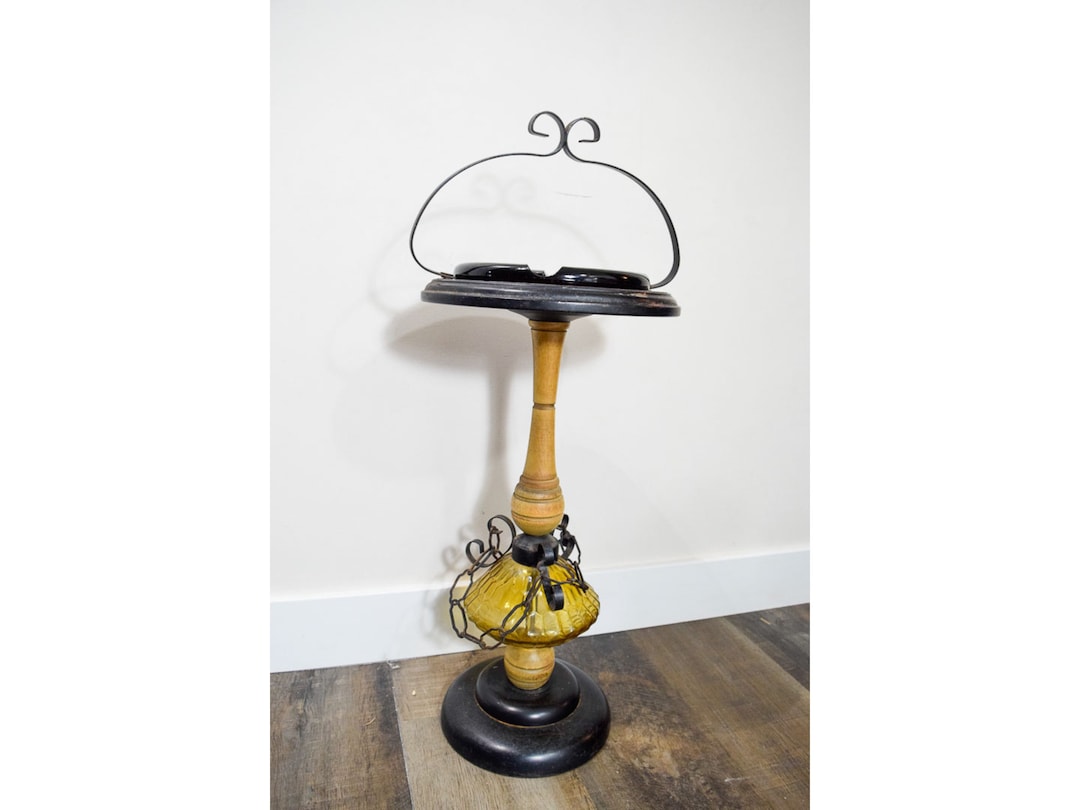 Vintage Ashtray Standing Swag Lamp Style Glass Wood Metal Floor ...