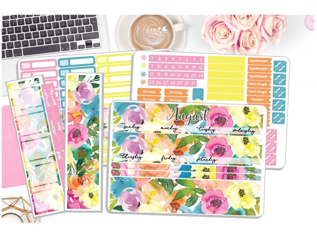 NEW! - Monthly August Sticker Kit - Floral Water Color - August Monthly ...