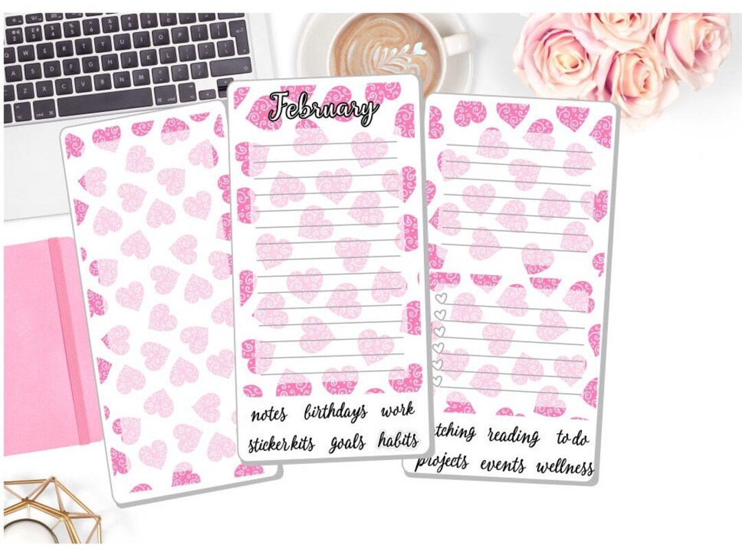 New February Notes Page Sticker Kit Hearts Monthly Dashboard Planner ...