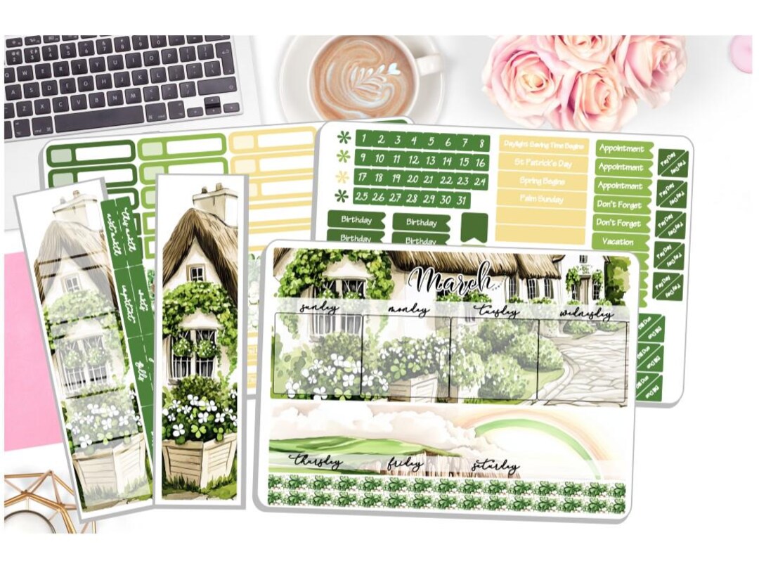 NEW! Monthly March Sticker Kit - Lucky Cottage - Watercolor Monthly Kit ...