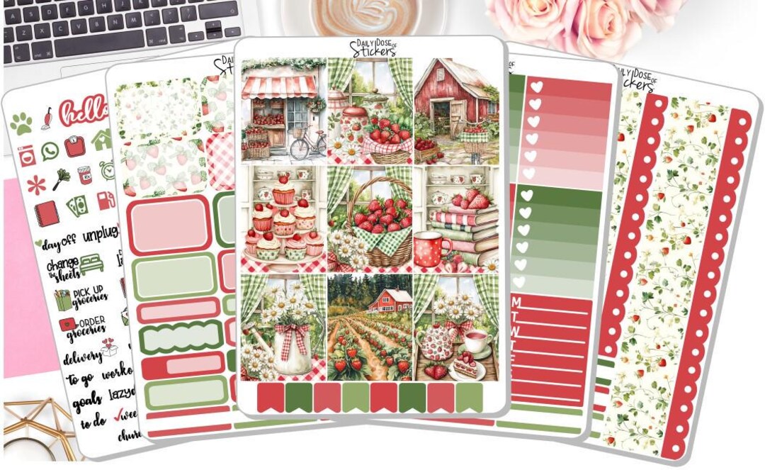 NEW! Weekly Sticker Kit - Strawberry & Cream - Watercolor Sticker Kit ...
