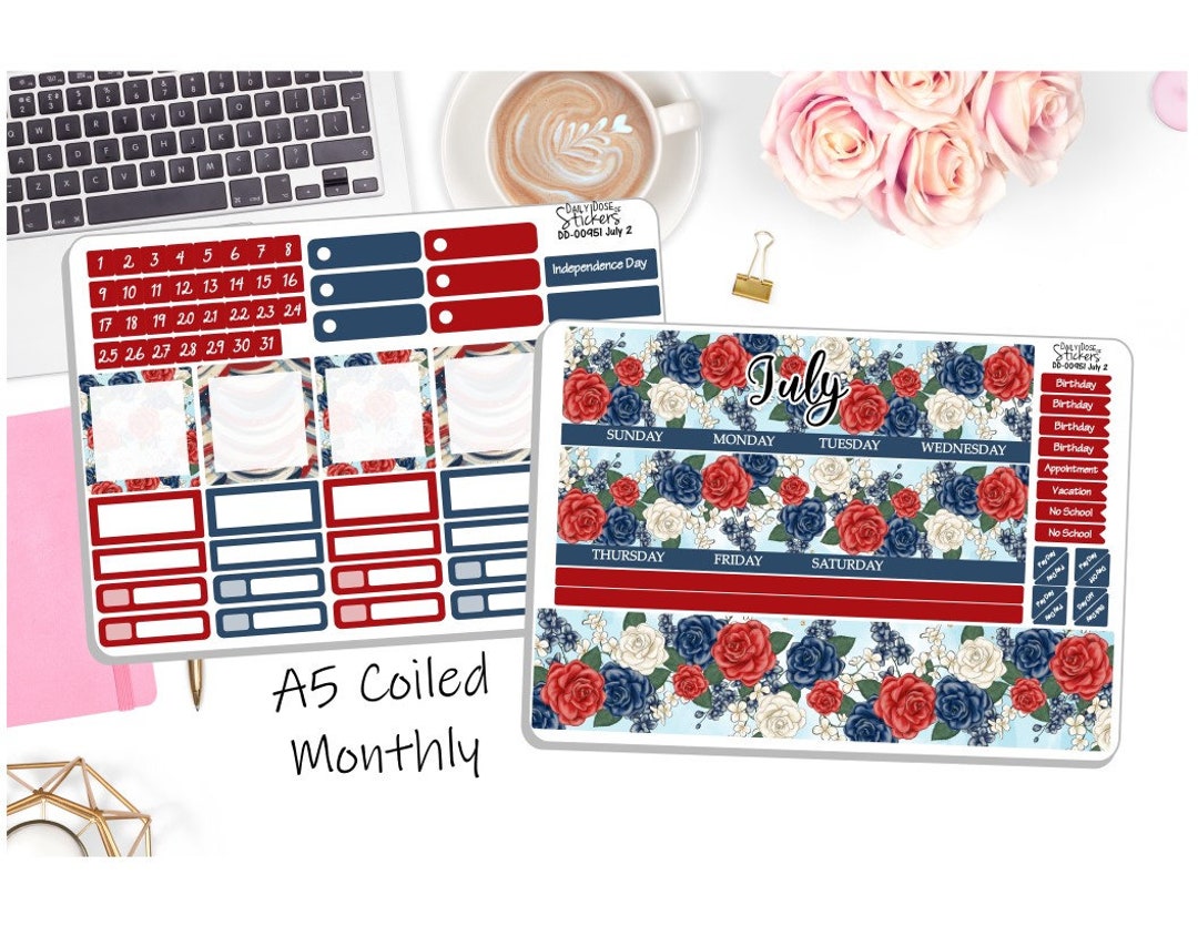 NEW! - A5 Monthly Coiled July Sticker Kit - 4th of July Floral - July ...