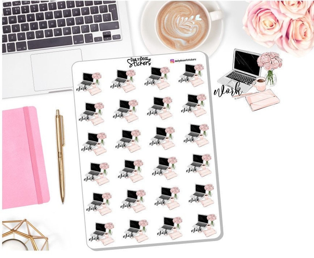 NEW! Work Stickers - Laptop, Coffee, Pink Flowers & Planner "work ...