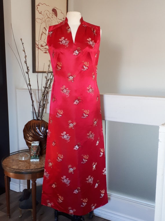Vintage Red Satin Oriental Maxi Dress -1980's Red Flo… - Gem