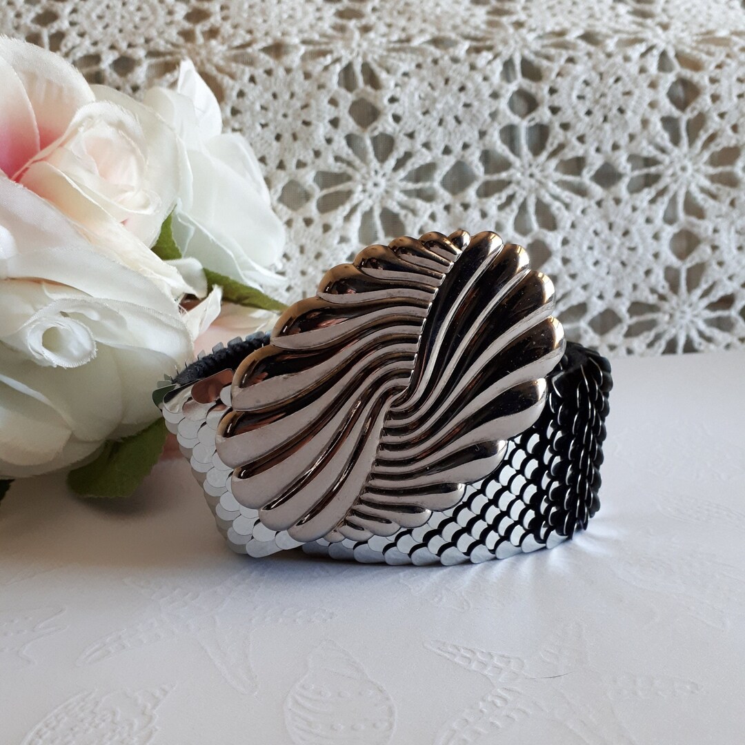 Vintage Silver Stretch Belt 1980's Sliver-tone Elastic Scale Belt With ...