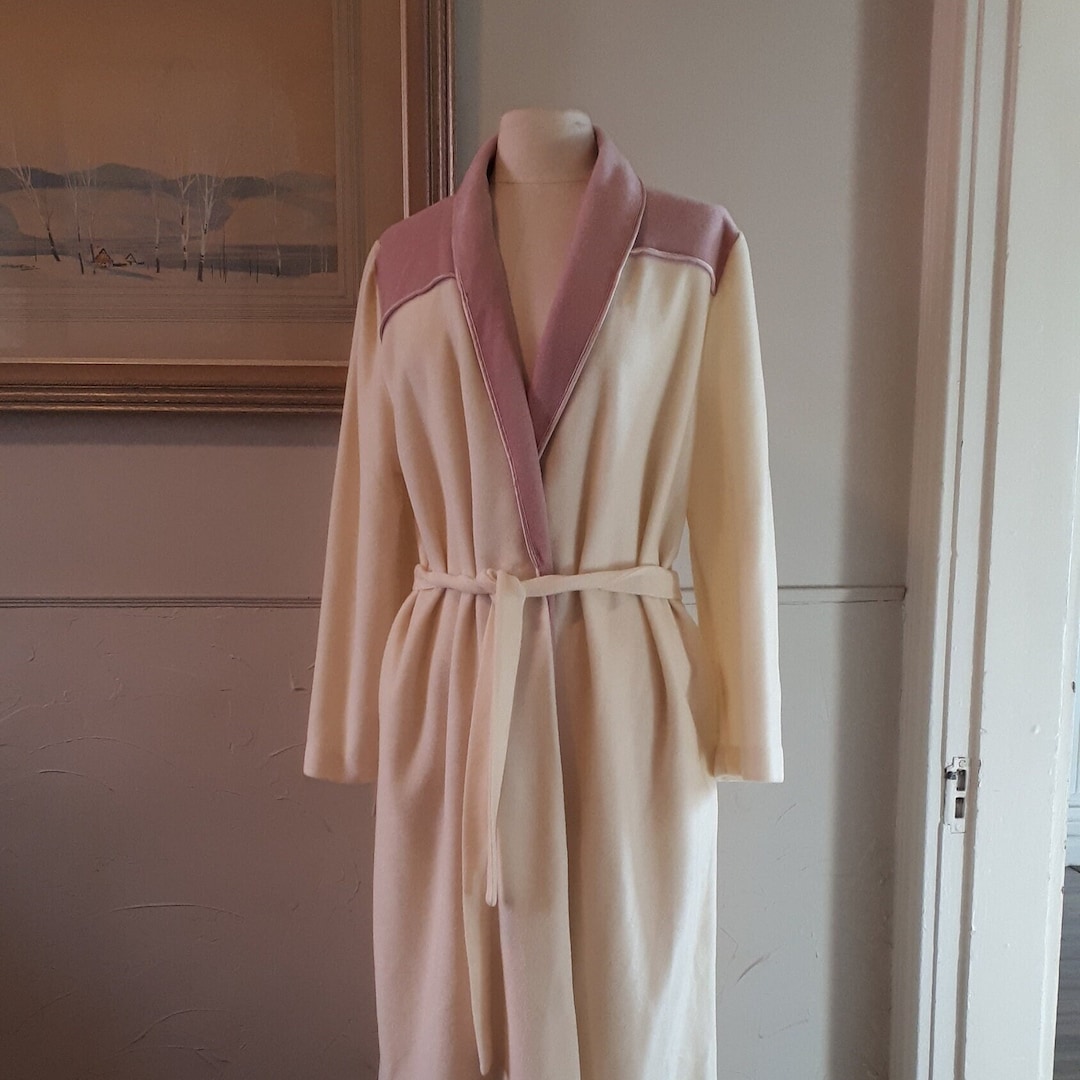 1980's Belted Shawl Collar Housecoat Light Beige N Pink Cozy Wrap Robe Vintage 80's Morsam ...