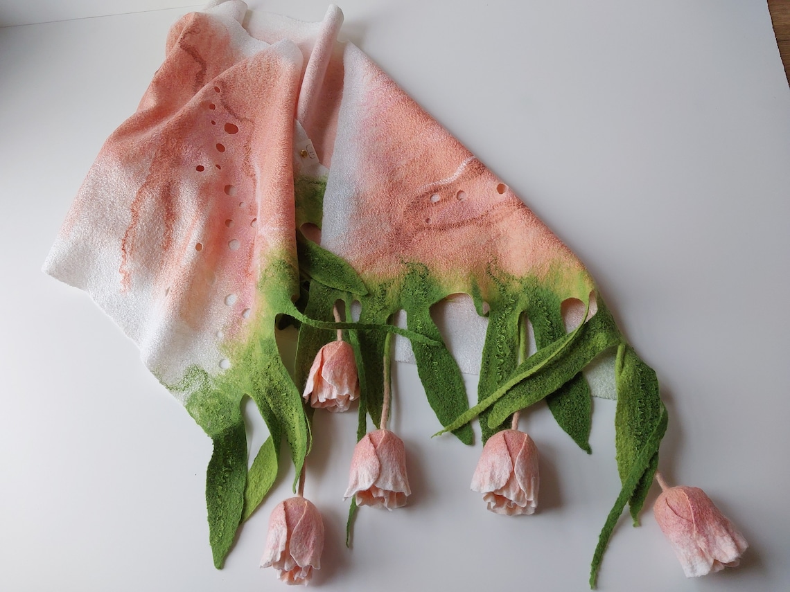 Felt Flower Scarf Tulips, Women Organic Scarf, Eco Friendly Gifts, Felt ...