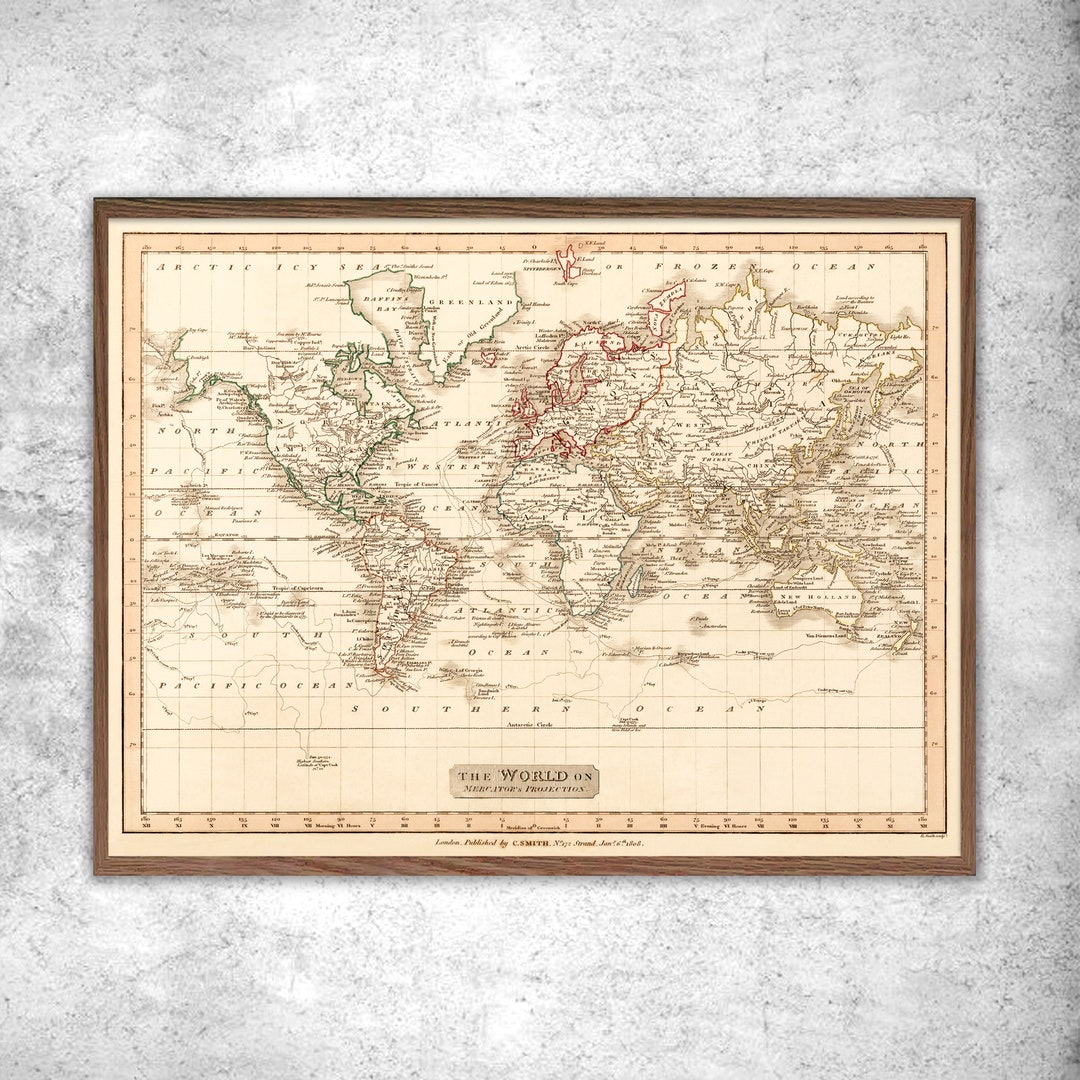 Old Map of the World According to the Mercator Projection After Charles ...