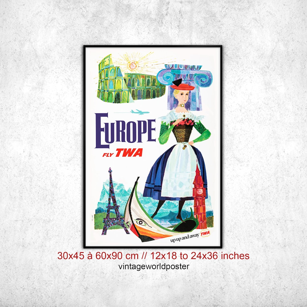 TWA Fly Europe Travel Poster. Vintage Travel Poster Fly TWA Europe. Vintage Wall Art TWA Gift ...