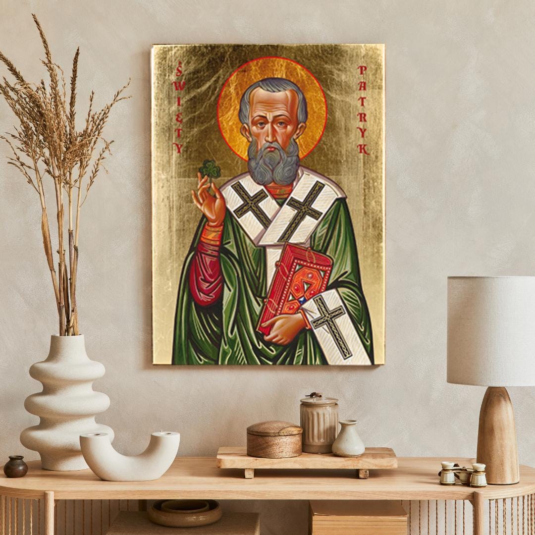 SAINT PATRICK ICON Icon: Handmade Wooden Catholic Wall Decor, Golden ...
