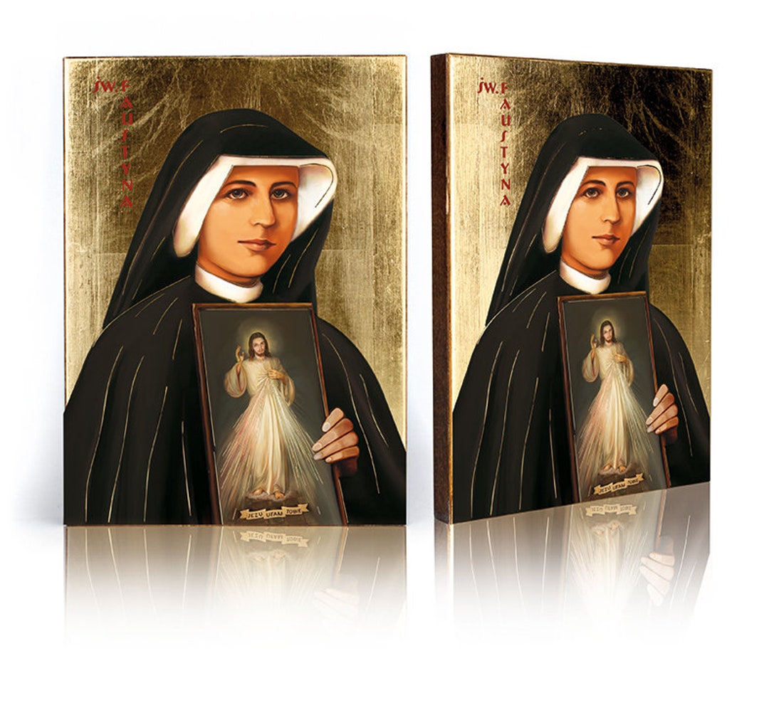 Handmade St. Faustina Kowalska Icon: Wood Religious Art, Golden Leaf ...