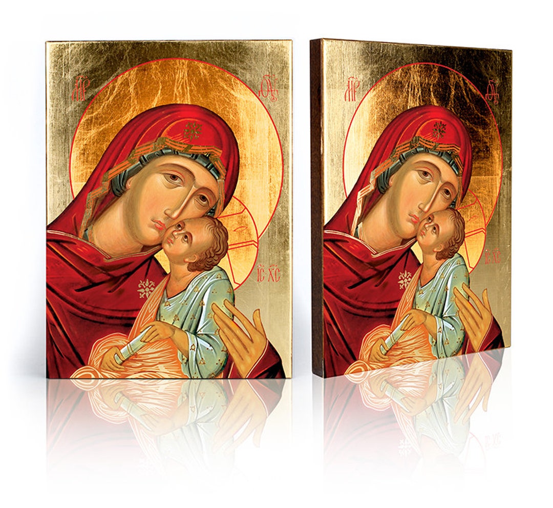 Icon of Holy Virgin With Infant Jesus, ELEUSA, Handmade Icon, Wooden ...