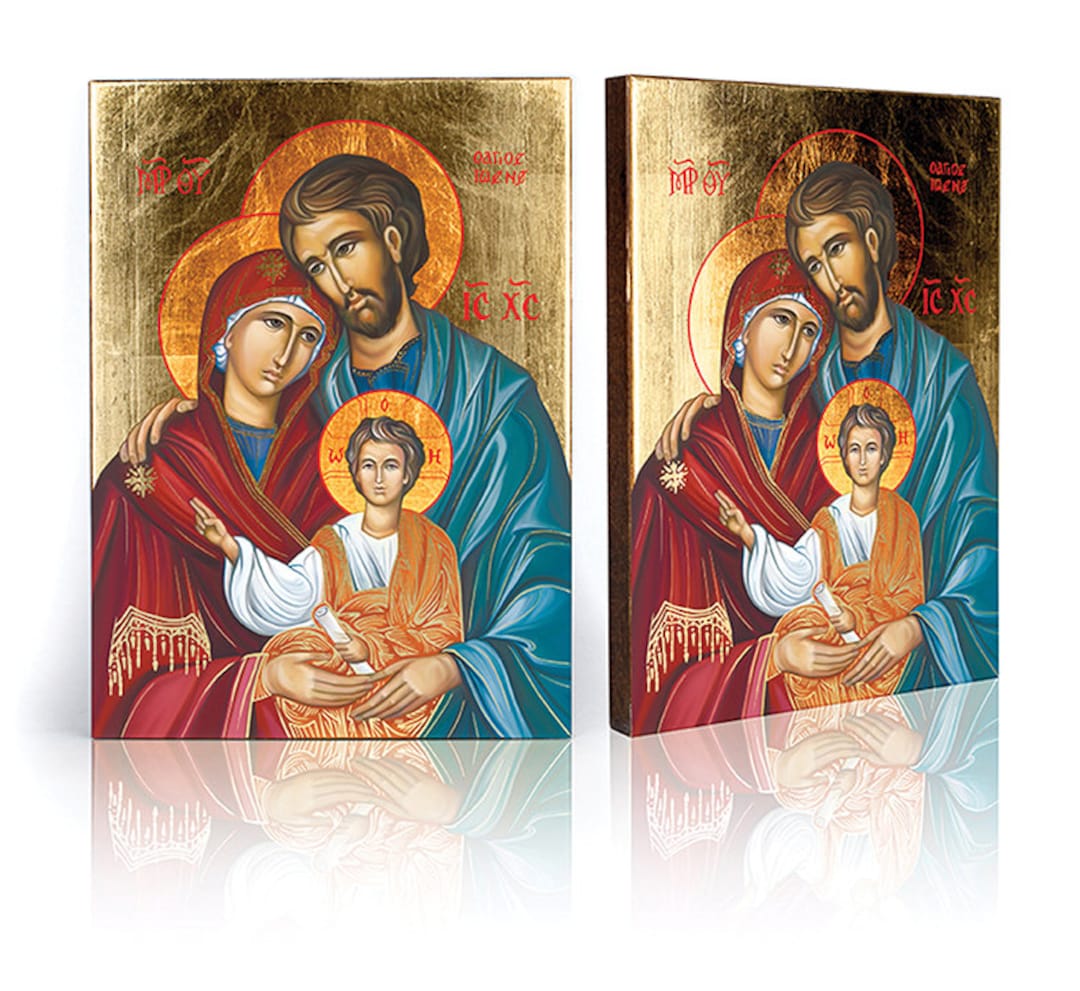 Handmade HOLY FAMILY Icon: Catholic Wall Decor, Golden Leaves, Wooden ...