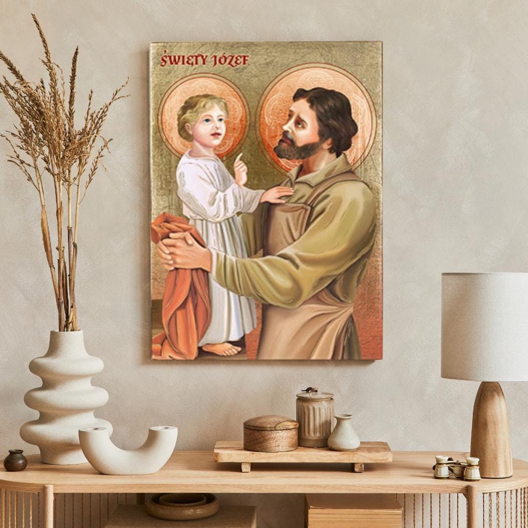 Icon of Saint Joseph With Jesus Child, Handmade Icon, Wooden Icon, St ...