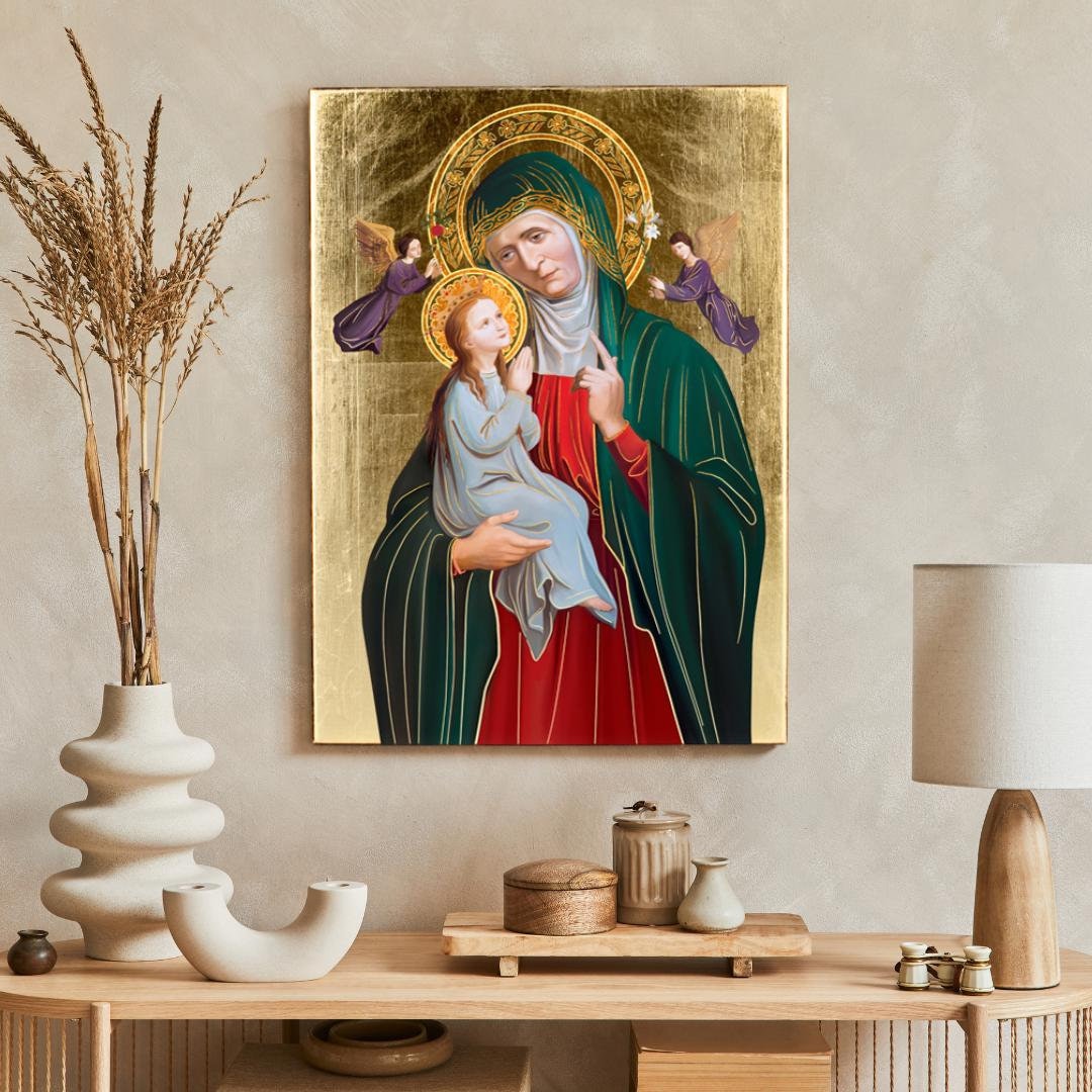 Handmade Saint Anna Icon With Virgin Mary: Wooden Catholic Wall Decor ...