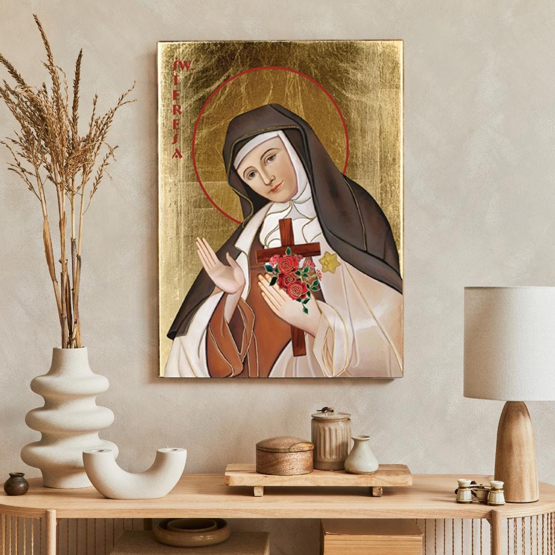 Handmade Saint Teresa Icon: Religious Art, Golden Leaves, Catholic Wall ...