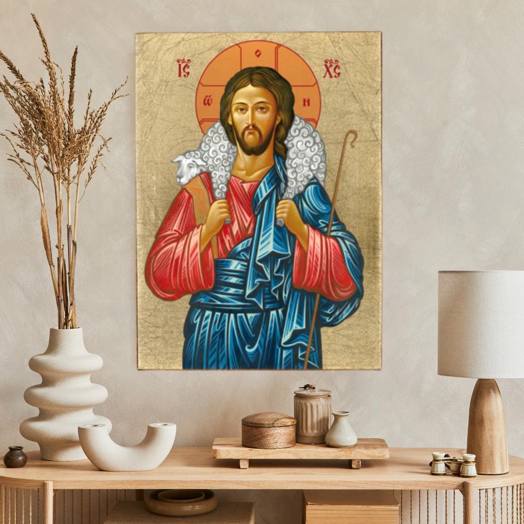 CHRIST GOOD SHEPHERD Icon: Handmade Catholic Wall Decor, Gold Leaves ...