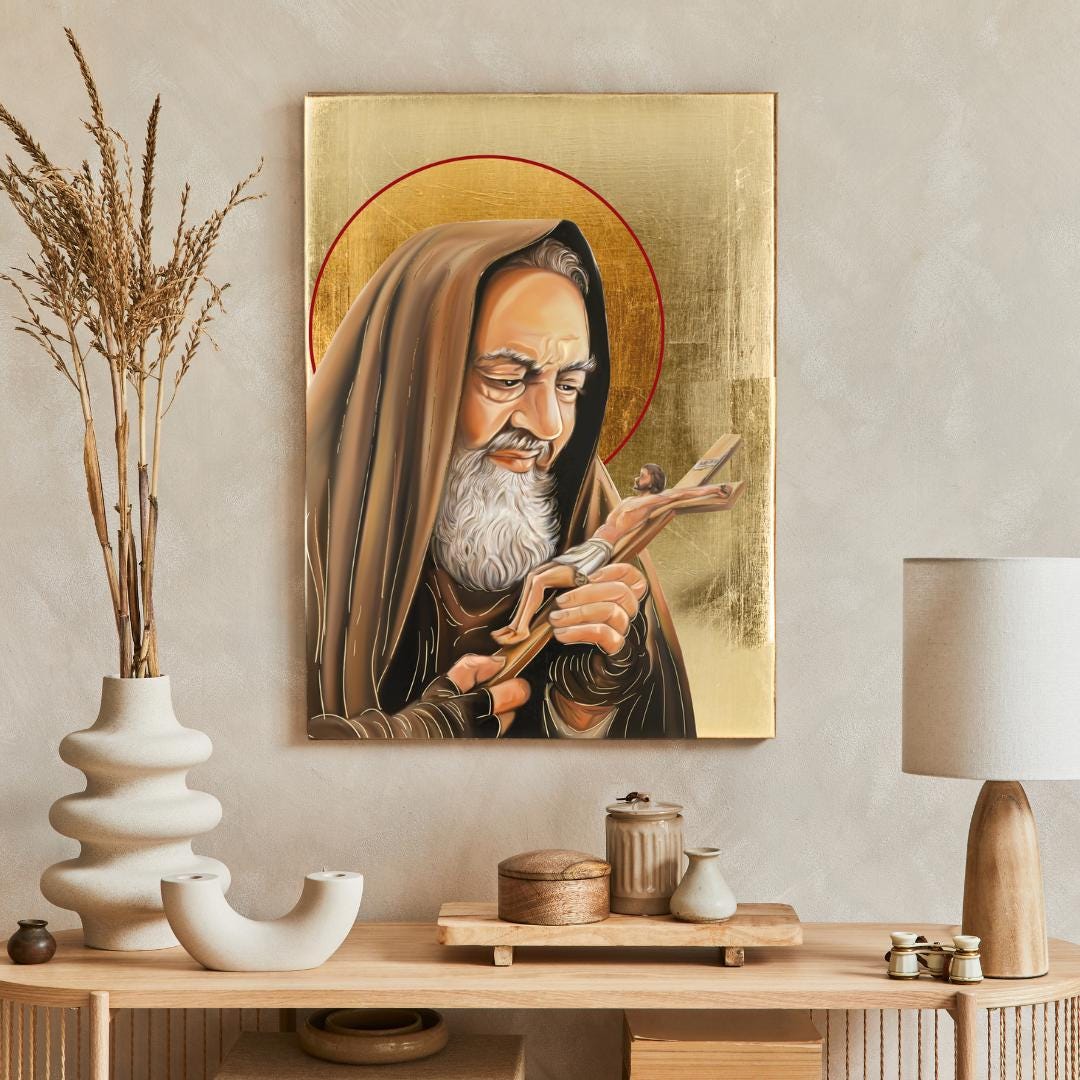 Handmade Saint Padre Pio Icon, Wooden Catholic Wall Decor With Gold ...