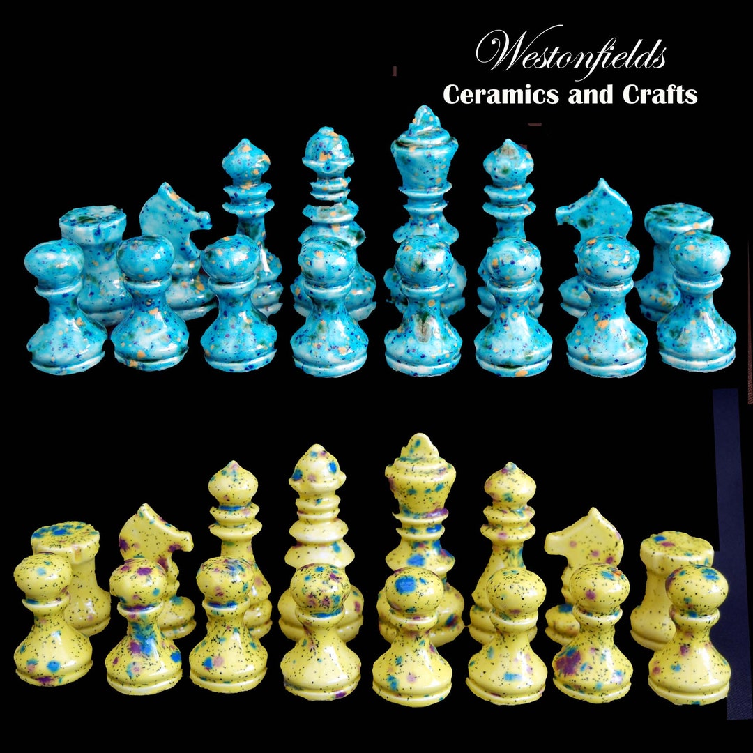 Ceramic Chess Set Pieces Hand Made Hand Glazed Crystal Glazes 16 Blue ...