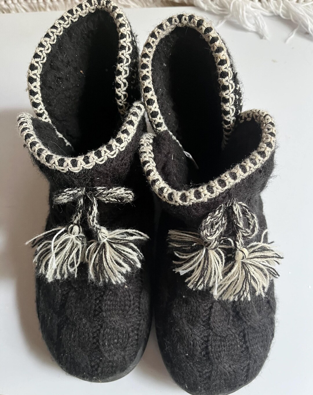 Knit Ankle Slippers: Black & White Snowflake, Size 7/8, Rubber Sole - Etsy
