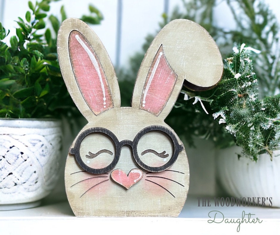 Wood Bunny With Glasses, Nerdy Bunny, Bunny Shelf Sitter, Easter Bunny ...