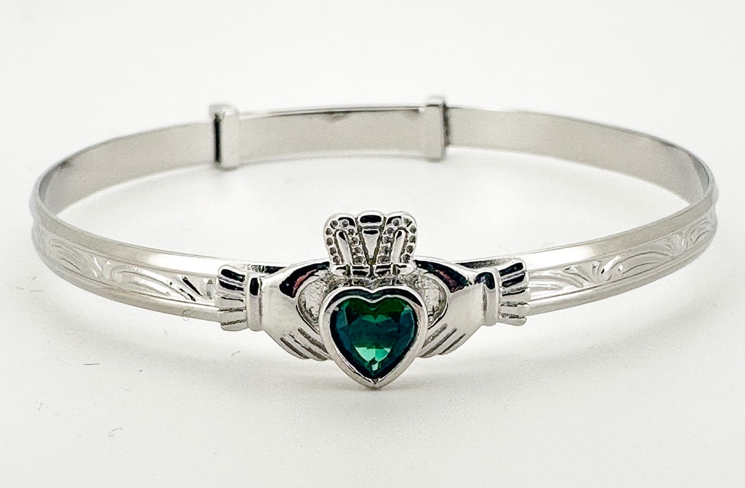 Sterling Silver Claddagh Baby Bangle Green CZ Polished Expandable ...