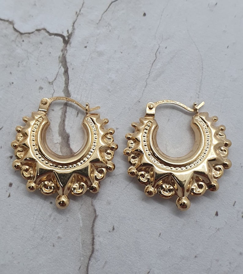 9CT Gold Victorian Earrings 20mm Spike Creole Hoops Gypsy Vintage Gift ...