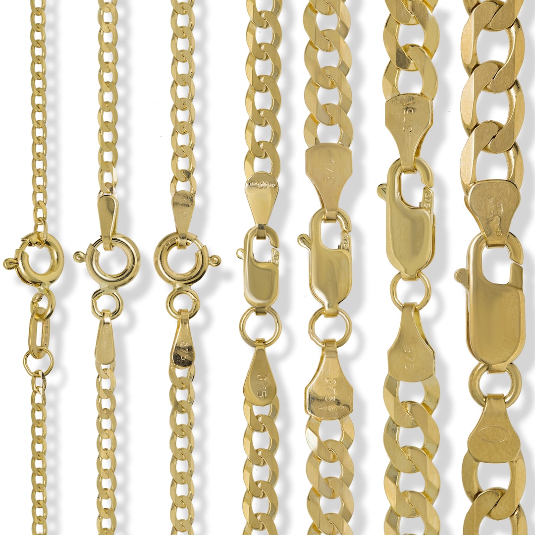 9CT Gold Curb Chain Diamond Cut Flat Trace Rope Figaro D/C Necklace ...