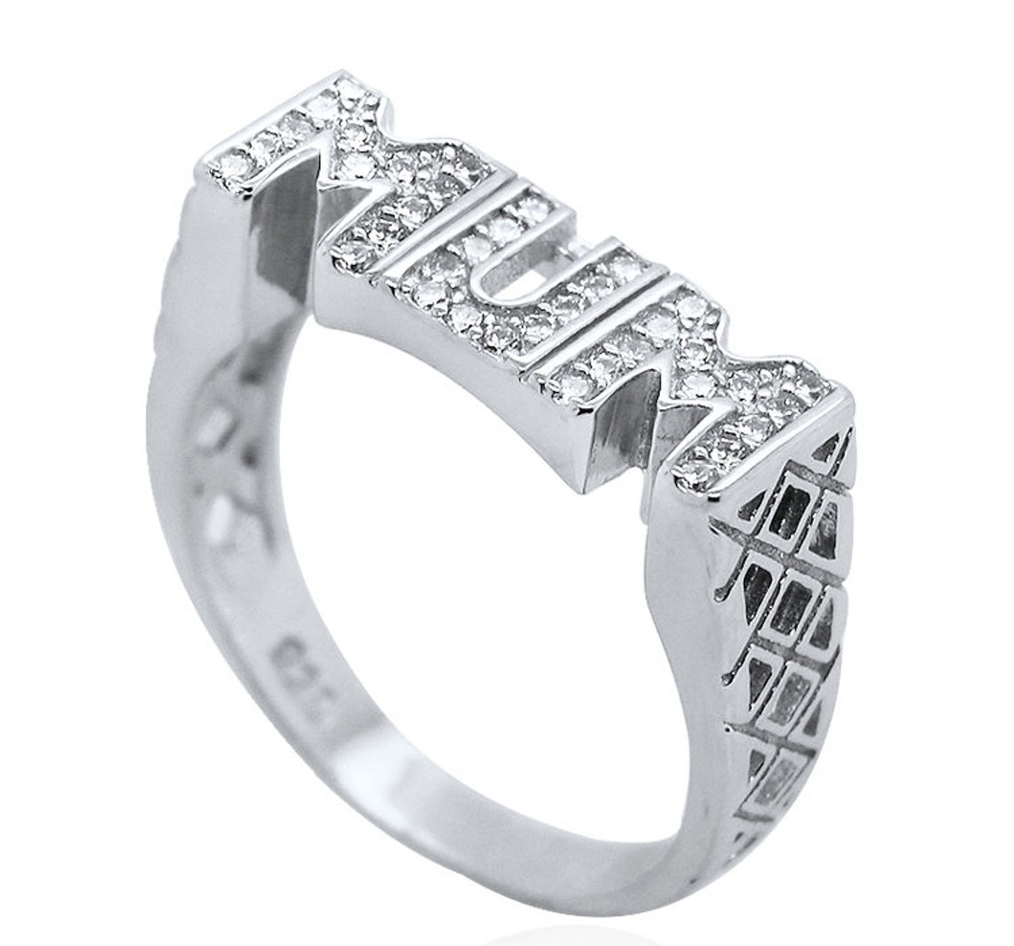 Sterling Silver CZ Mum Ring 925 Cubic Zirconia Mummy Mother Basket Side ...