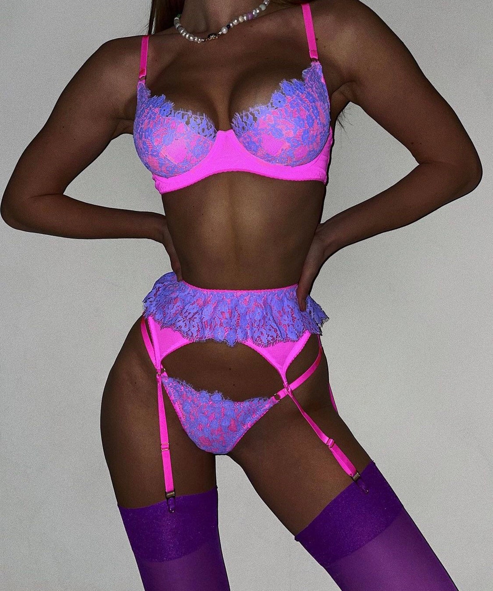 Neon Pink Blue Lace Lingerie Mesh Handmade Set Bra Bralette Etsy