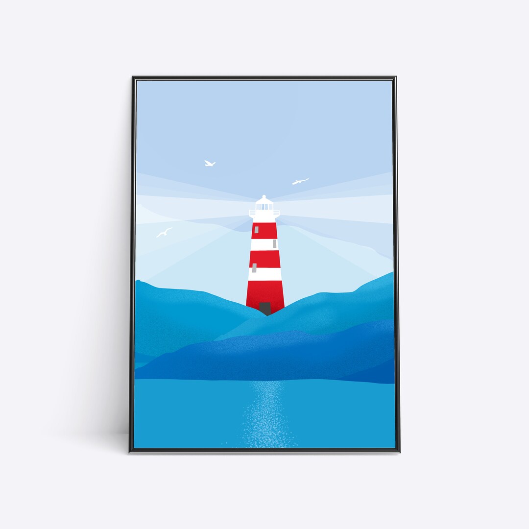 lighthouse-print-nautical-decor-seaside-wall-art-teal-etsy