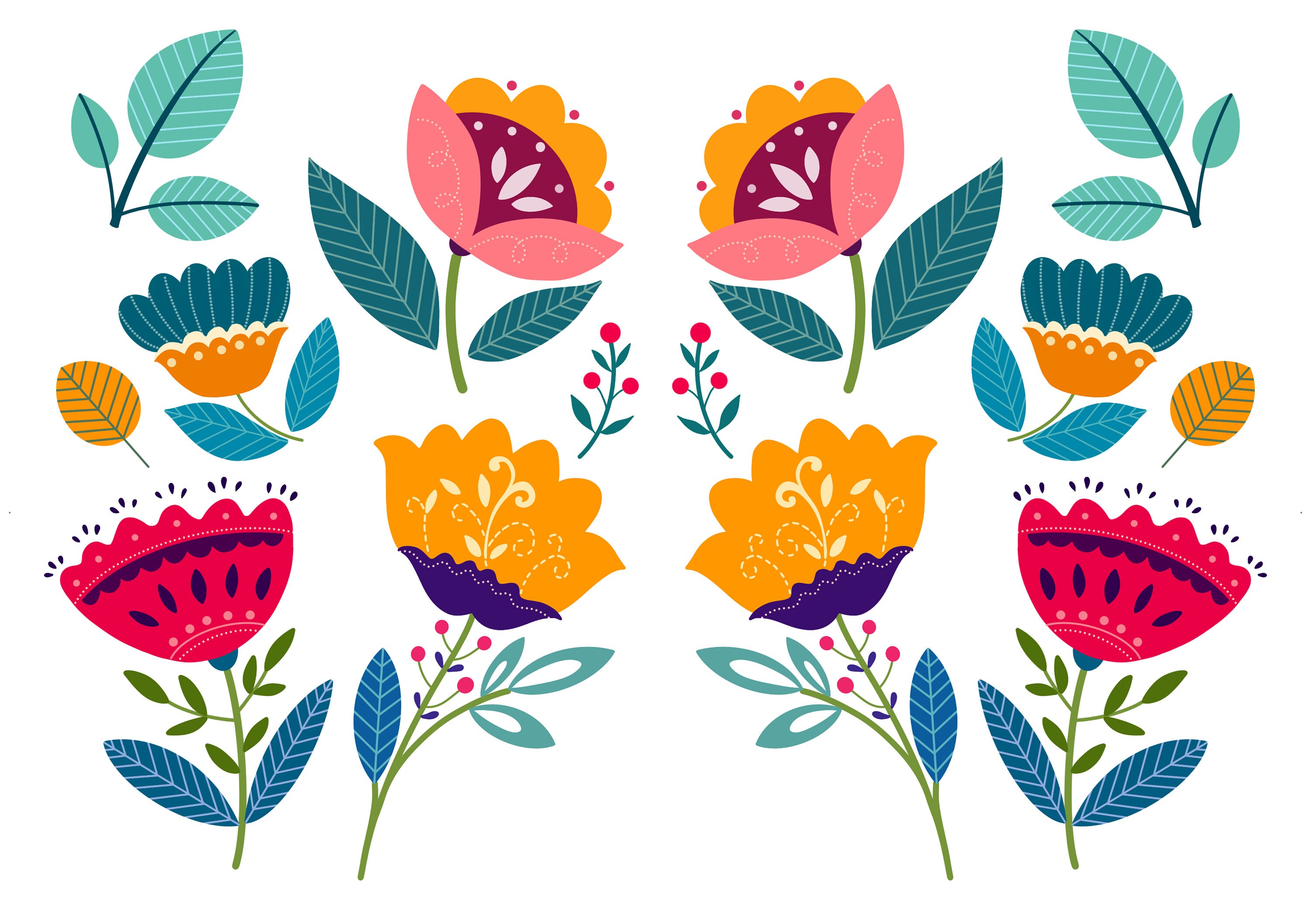 Printable Flower Folk Art Print Mid Century Modern Traditional Folk Art ...