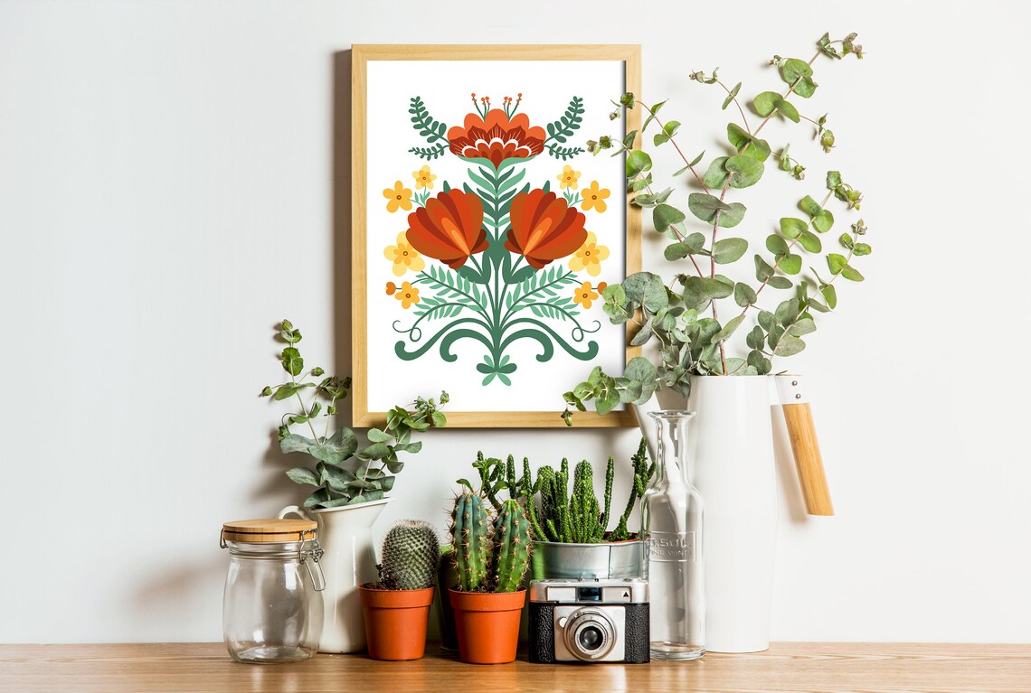 Scandi Folk, Retro Nordic Flower Pattern, Mid Century Modern ...