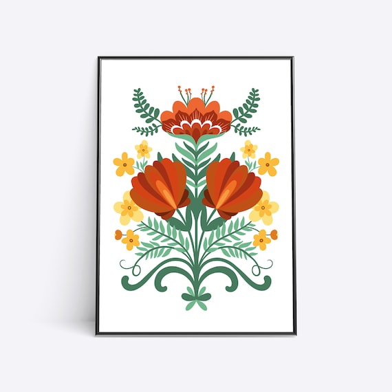 Nordic Flower Art Scandinavian Folk Art Vector Square Floral Design