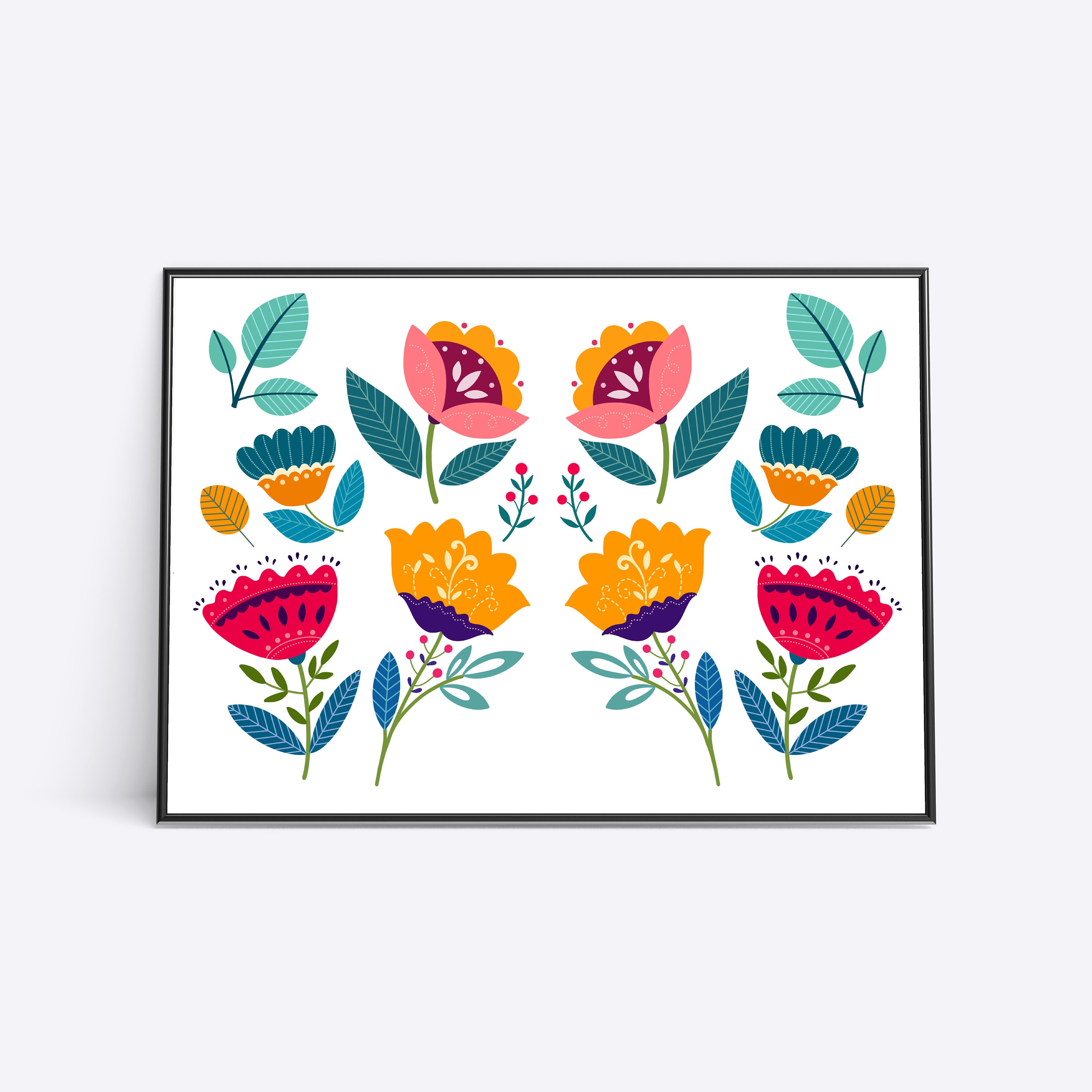 Printable Flower Folk Art Print | Mid Century Modern | Traditional Folk ...