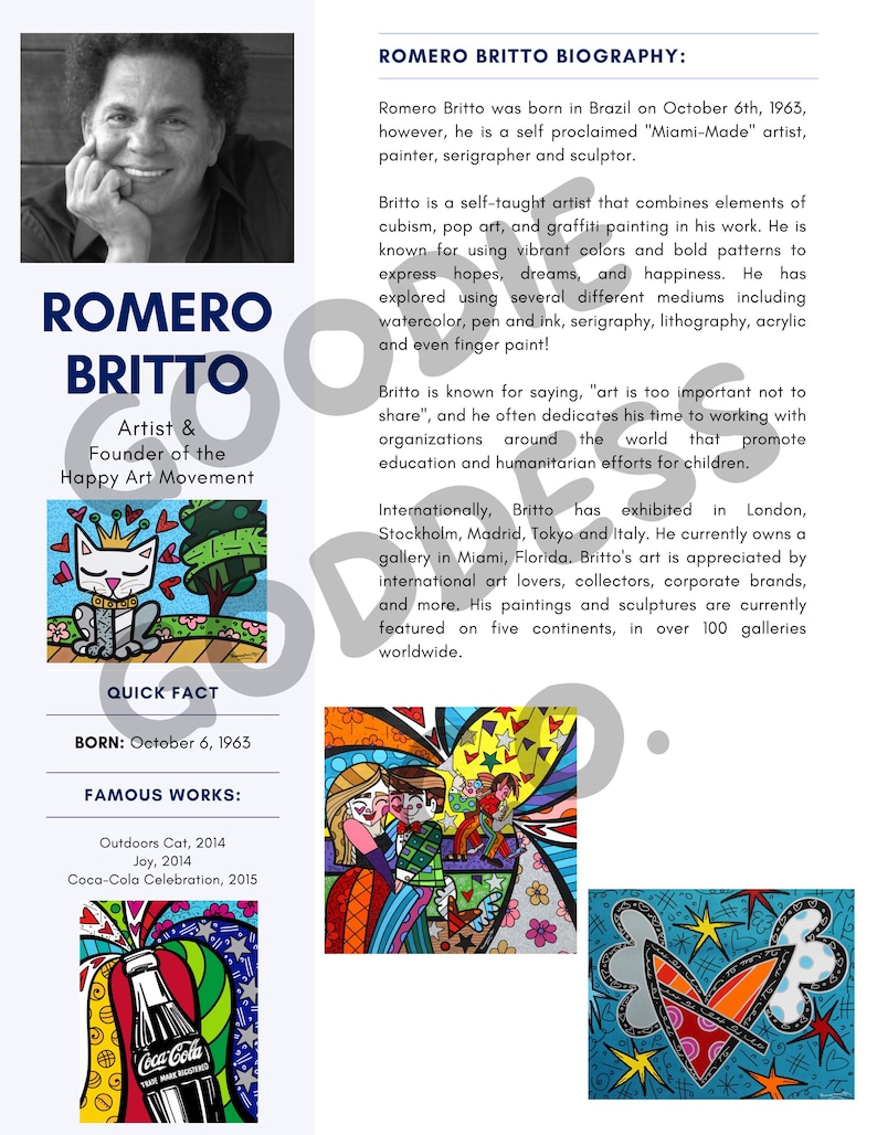 PRINTABLE Romero Britto - Artist Bio (teacher Resource!) - Etsy