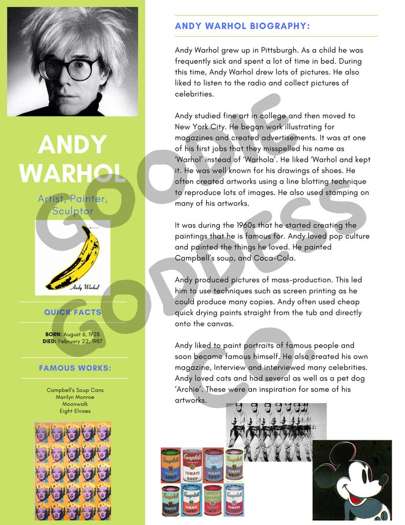 PRINTABLE Andy Warhol - Artist Bio (teacher Resource!) - Etsy