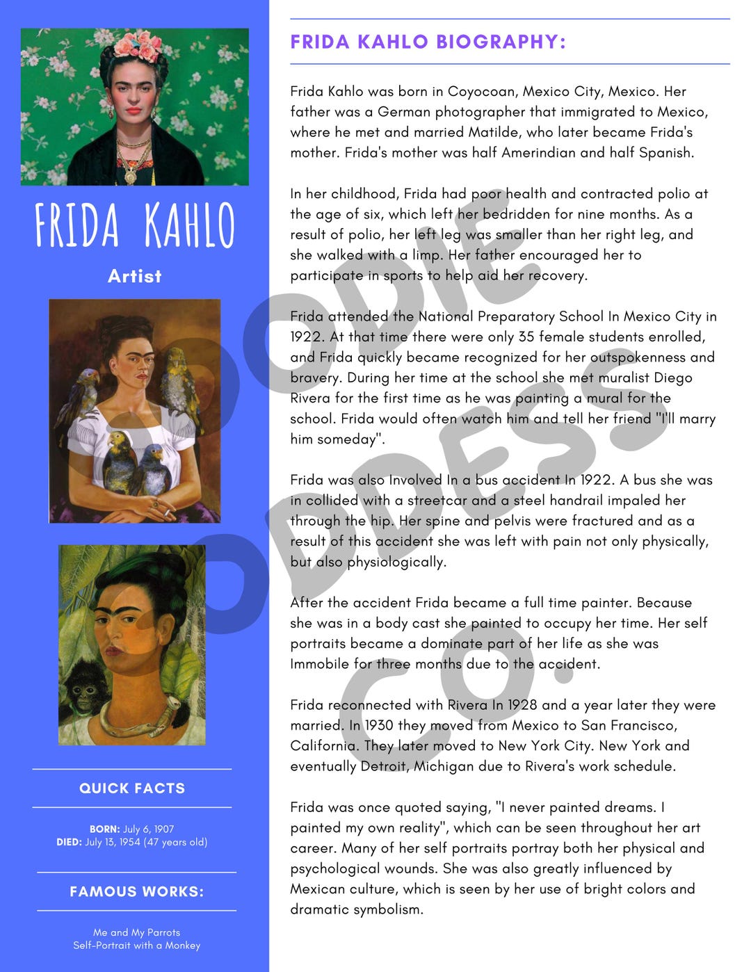 PRINTABLE Frida Kahlo - Artist Bio (teacher Resource!) - Etsy