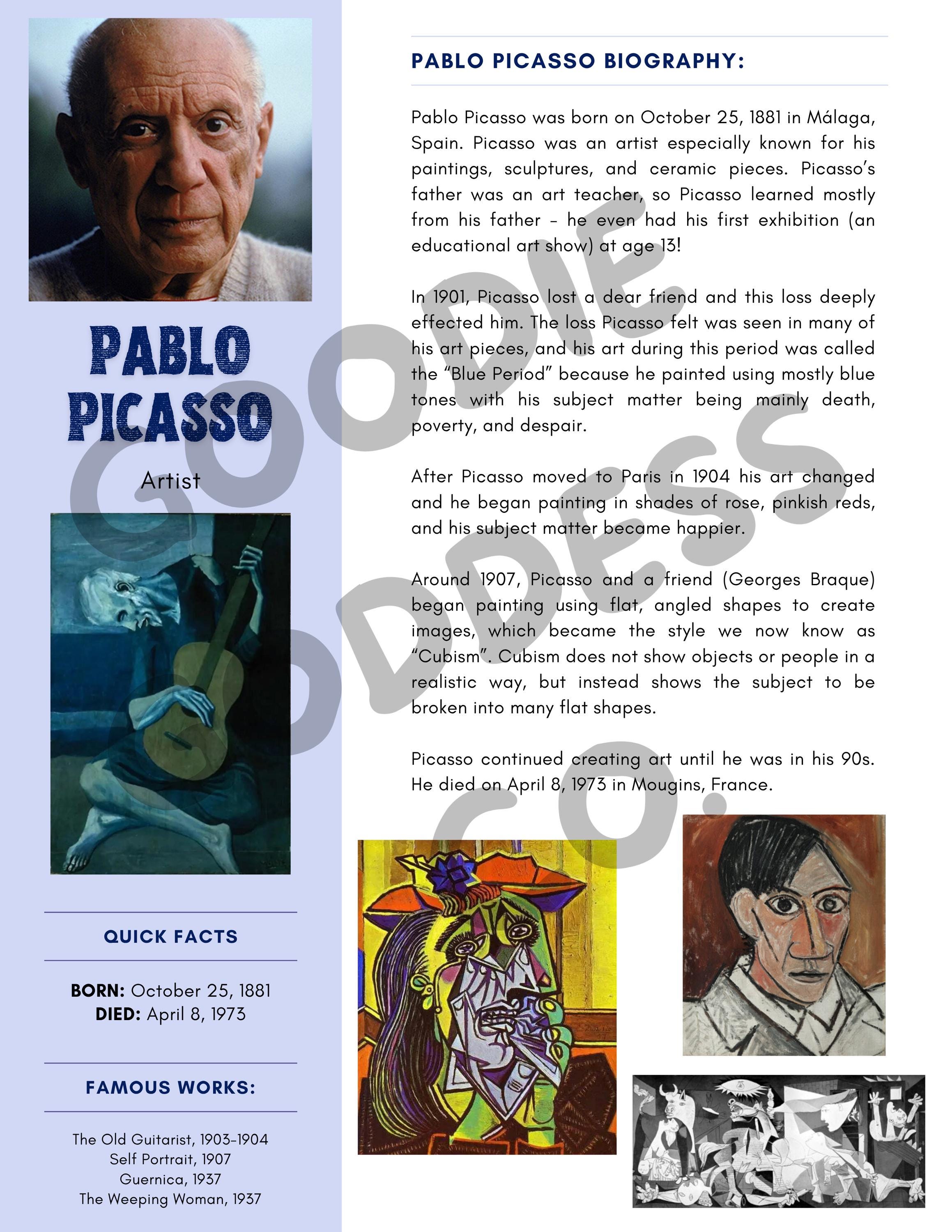 PRINTABLE Pablo Picasso - Artist Bio (teacher Resource!) - Etsy
