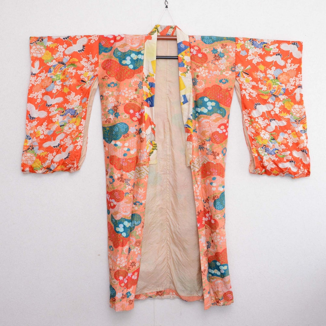 Kimono Robe Long Juban Crazy Pattern Japan Vintage Crane Etc Free ...